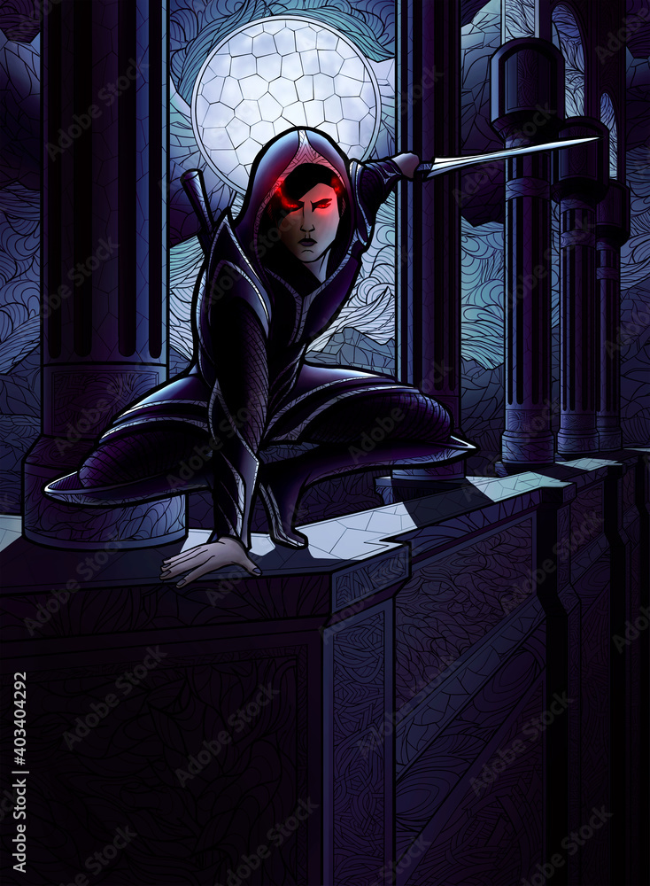 Dark assassin with red glowing eyes in hood with sharp blades in the ...