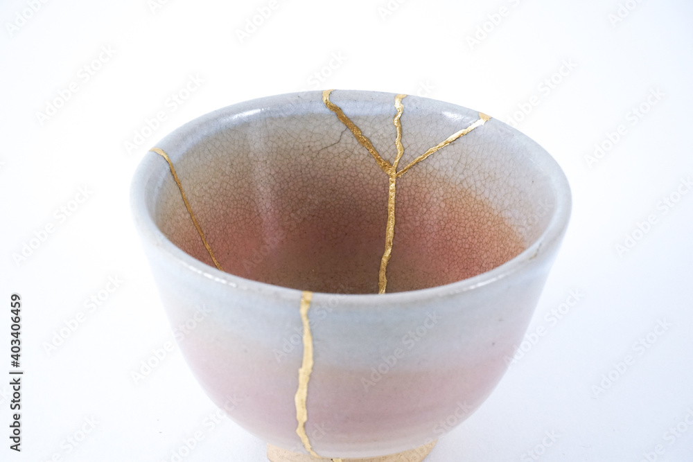 Antique Japanese Kintsugi, Beige and pink sake bowl , kintsugi the ...