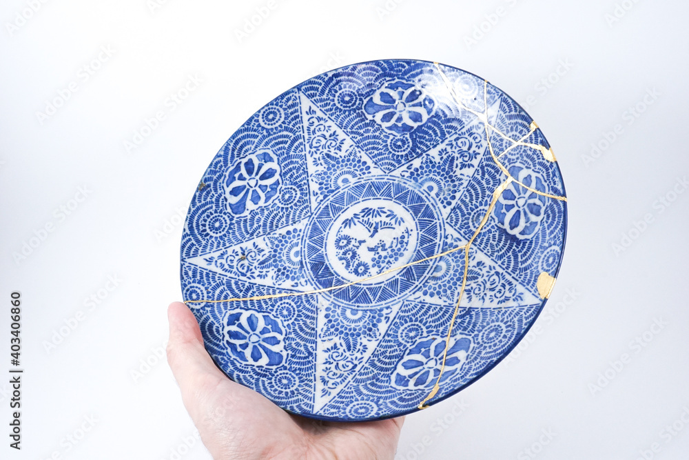 Big broken Kintsugi plate, wabi sabi real gold craks , kintsugi the ...