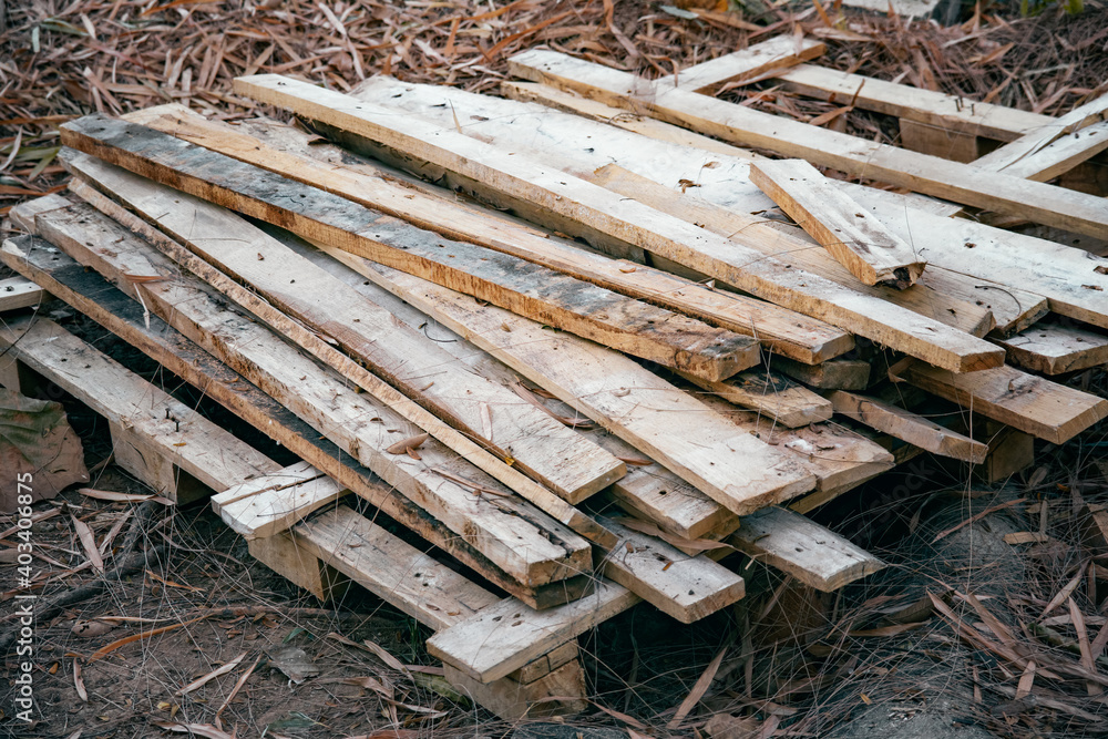 Reclaimed pallet wood boards on ground. Pallet Wall timber. Stock Photo ...