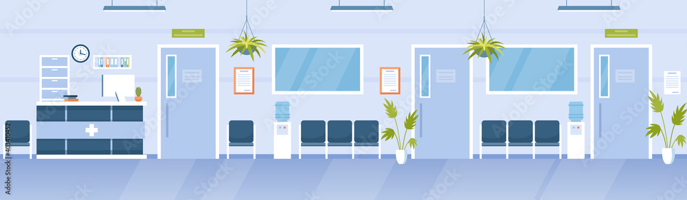 Hospital reception hall clinic interior. Cartoon modern empty medical ...