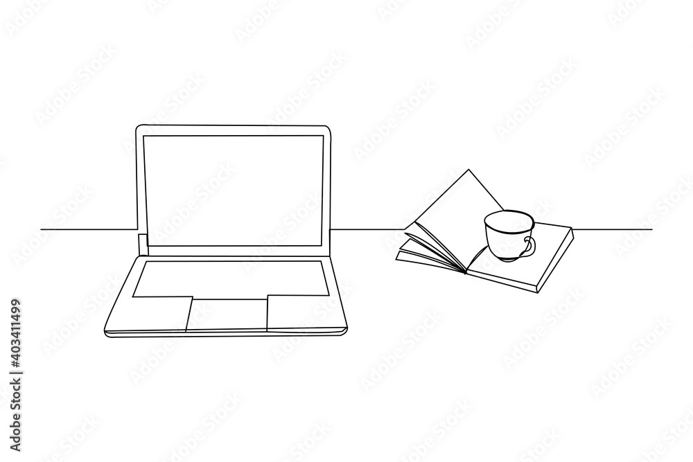Continuous line drawing of stack of books line up with computer laptop ...