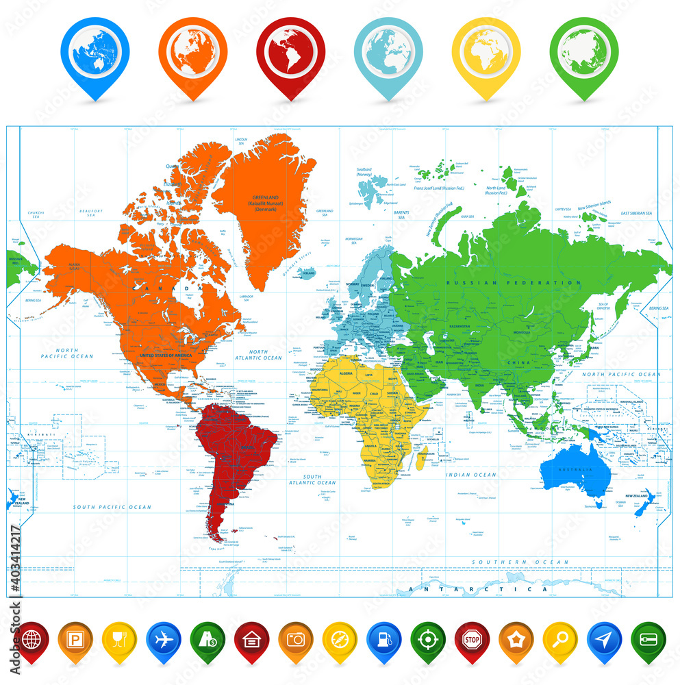 Detailed vector World map with colorful continents and map pointers ...