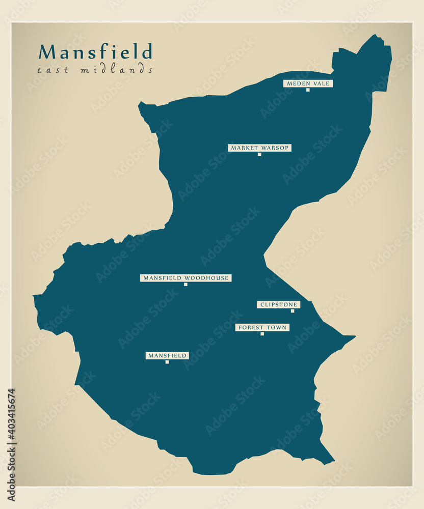 Mansfield district map - England UK Stock Vector | Adobe Stock