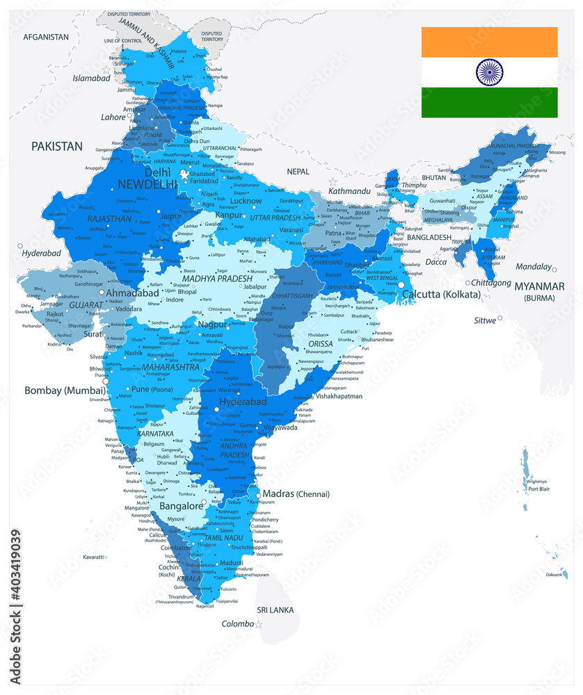 India Administrative Blue Map Stock Vector | Adobe Stock