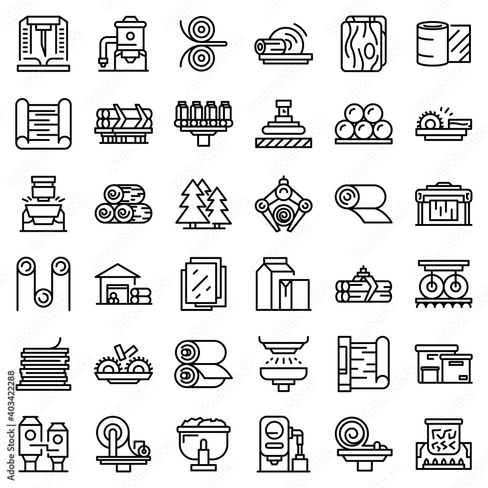 Paper production icons set. Outline set of paper production vector ...