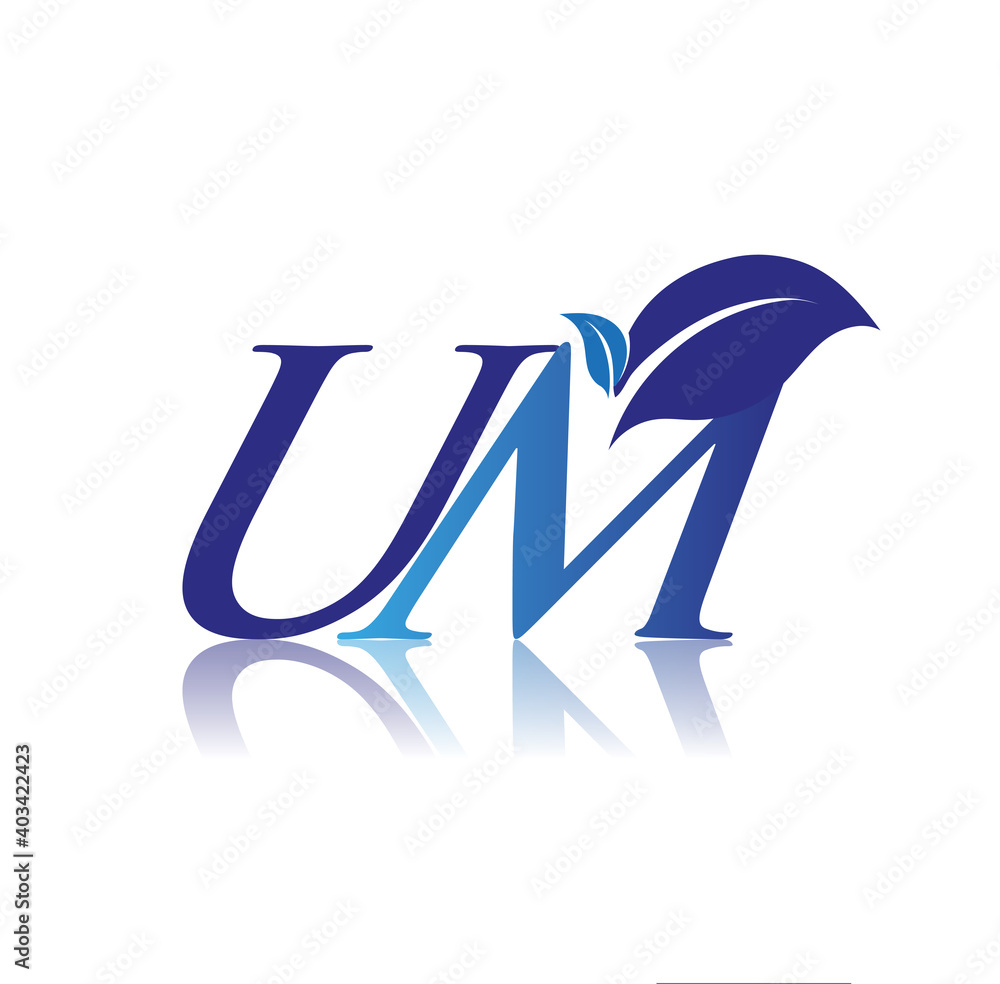 Initial Letter UM With Leaf Logo, colored blue nature and environment ...