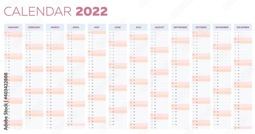 The 2022 calendar planner template with vertical monthly columns Stock ...