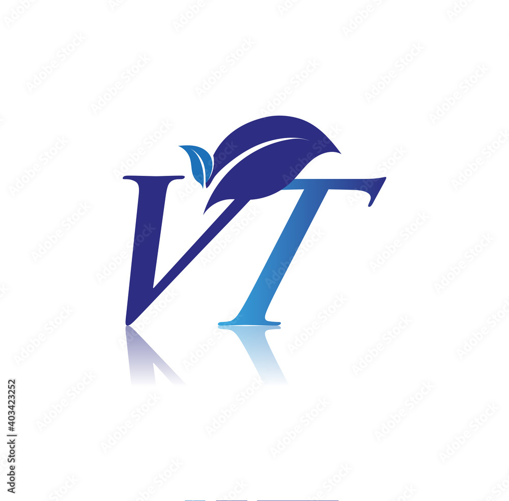 Initial Letter VT With Leaf Logo, colored blue nature and environment ...