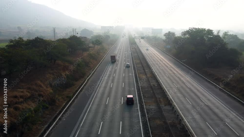 Aerial footage of the Mumbai-Pune Expressway near Pune India. The ...