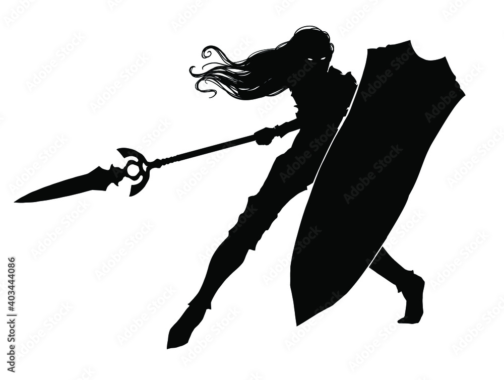 Silhouette of a female knight with a huge tower shield and a long ...
