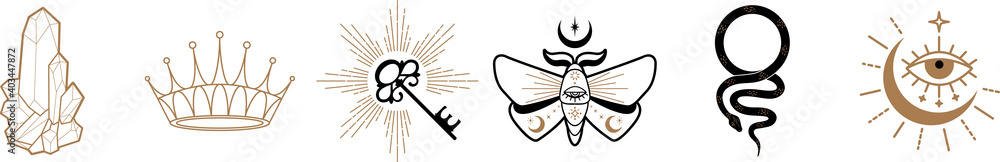 Sacred Witch and Mystical Symbols, Witch hand drawn magic element ...