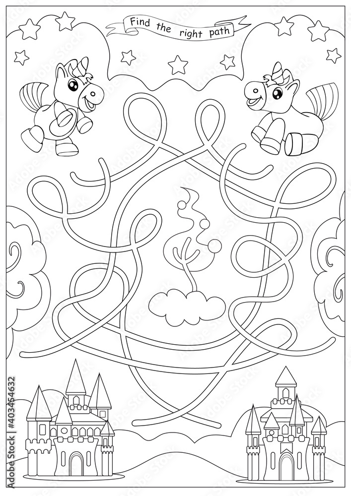 Kids maze coloring page. Children worksheet. Kids game with cute ...