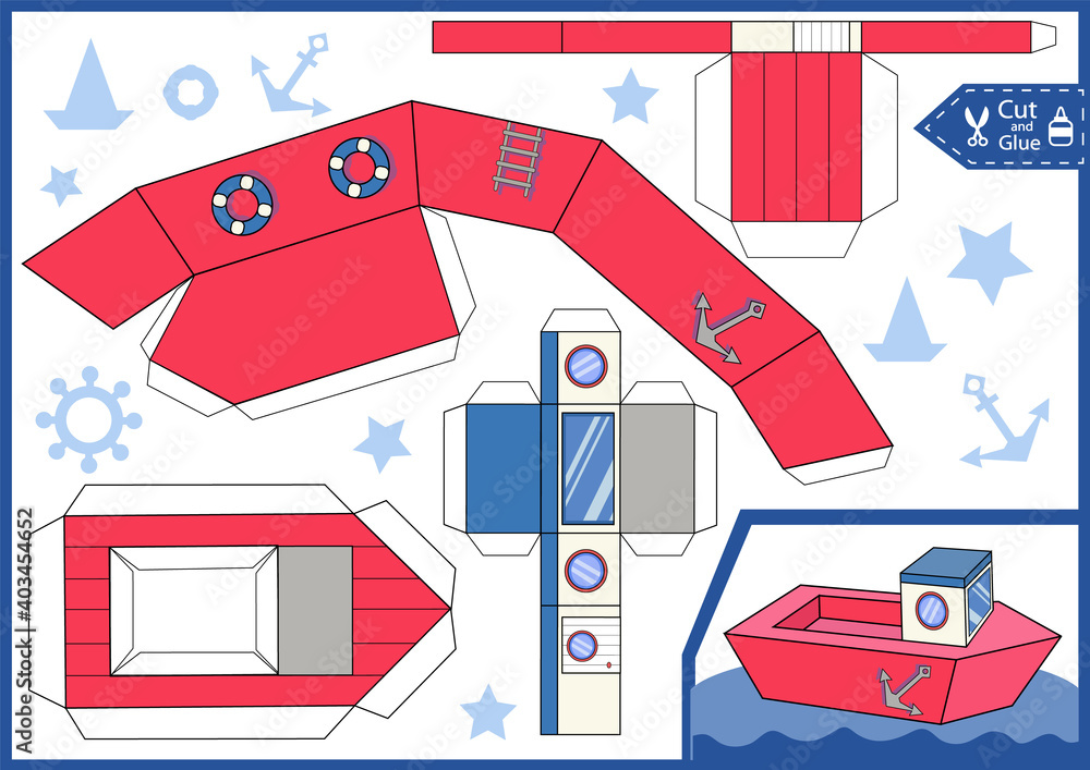 Cut and glue the paper 3d boat. Children craft worksheet. Art game ...