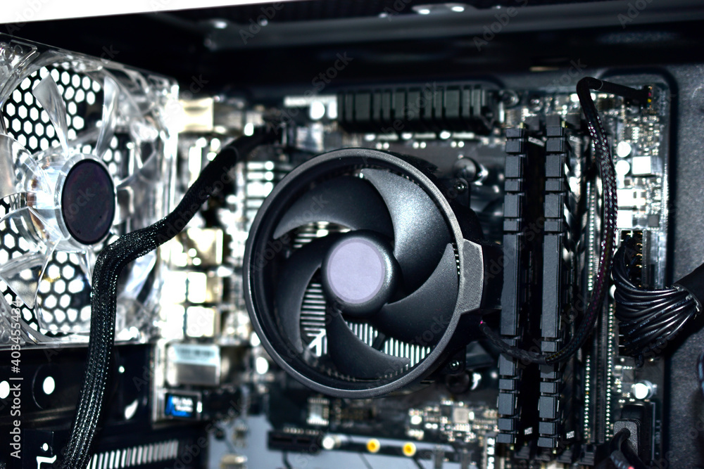 Black fans on the motherboard in the PC and processor Stock Photo ...
