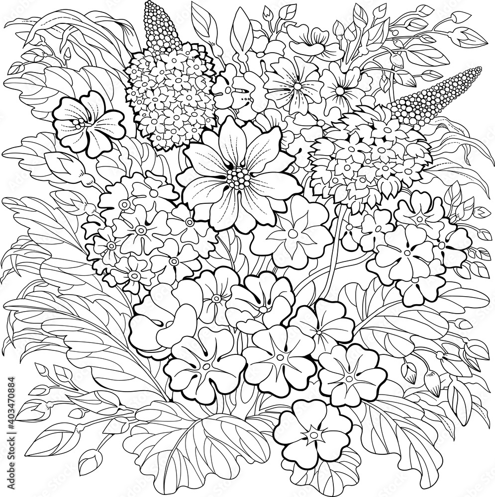Vector garden flowers coloring page.Flowers, leaves and grass Stock ...