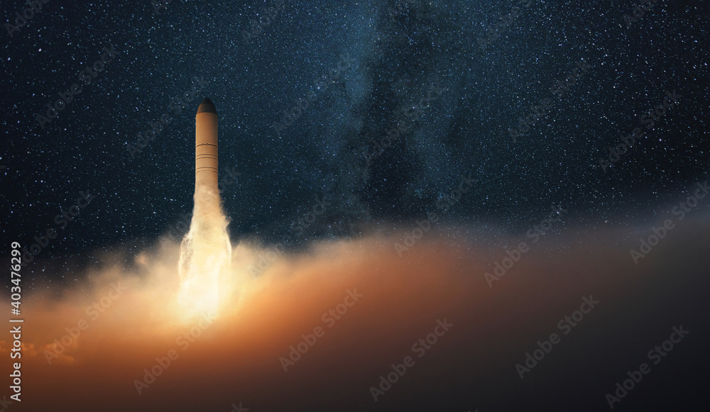 Successful rocket take off into the starry sky with the milky way ...