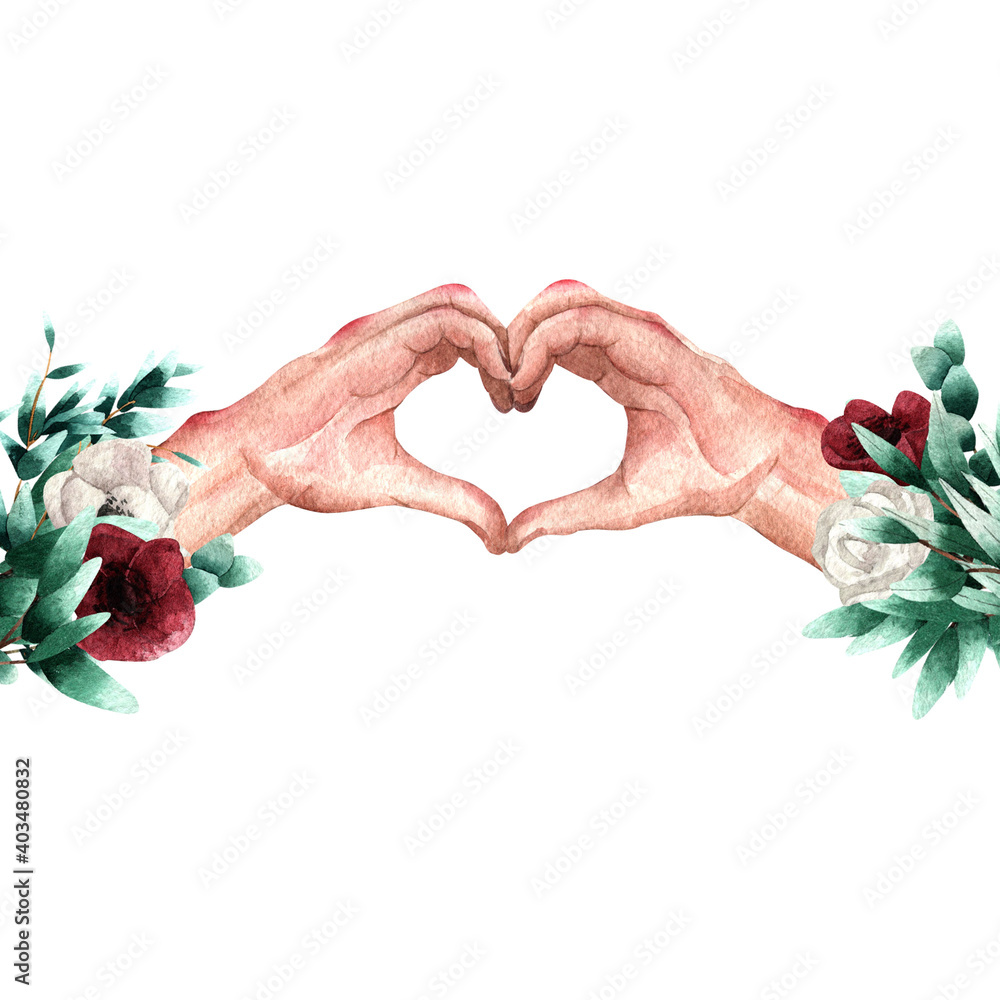 Watercolor illustration of hands showing heart in red flowers and green ...