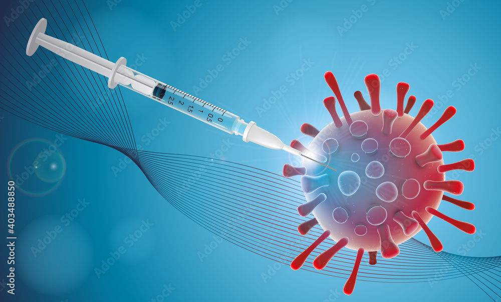 Covid 19 vaccine curing coronavirus - Science illustration design blue and red colors Stock ...