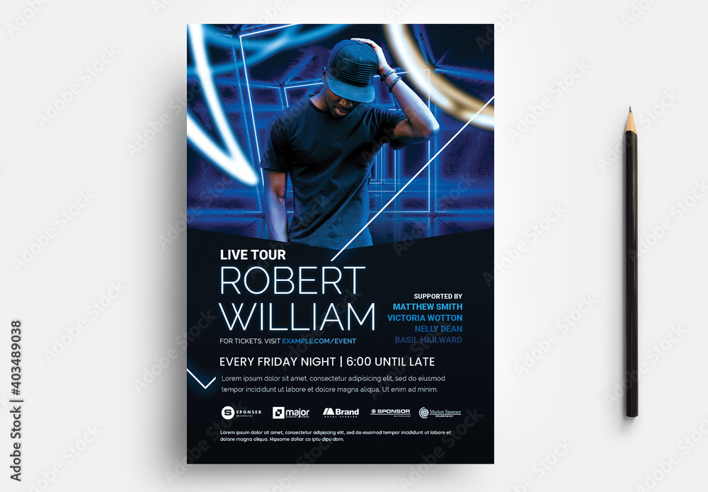 Modern Club Flyer Layout with Atmospheric Light Leak and Neon ...