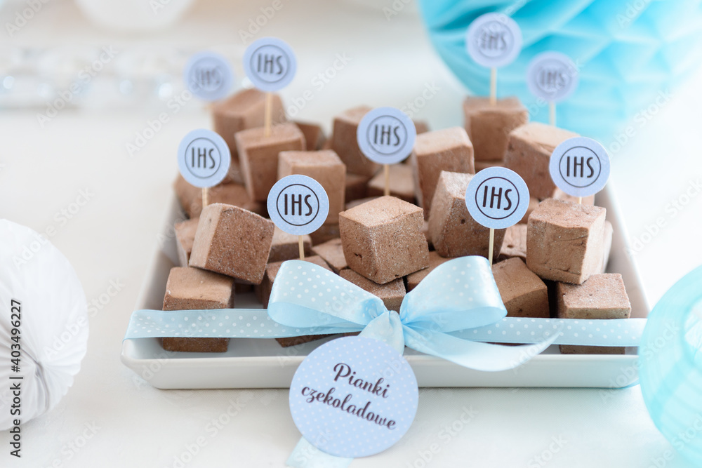 Tasty homemade chocolate marshmallows on a beautiful candy bar at the ...
