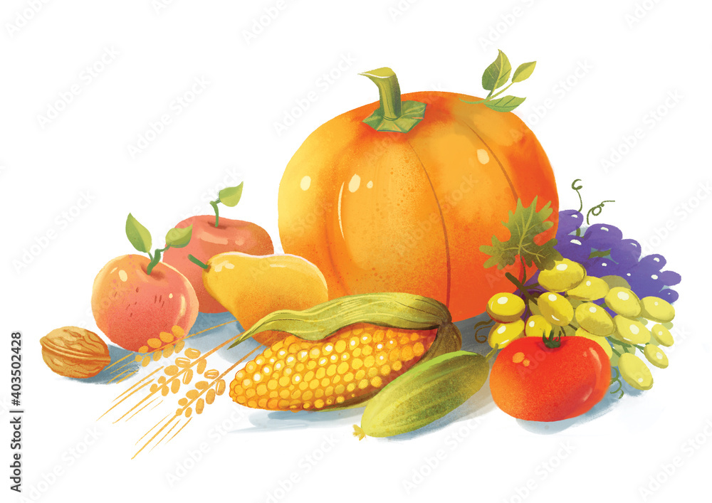 Autumn still life of fruits and vegetables. Hand-drawing Illustration ...