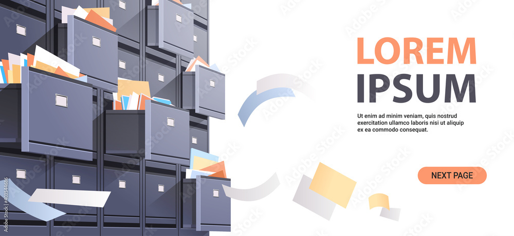 office wall of filing cabinet with open card catalog and flying ...