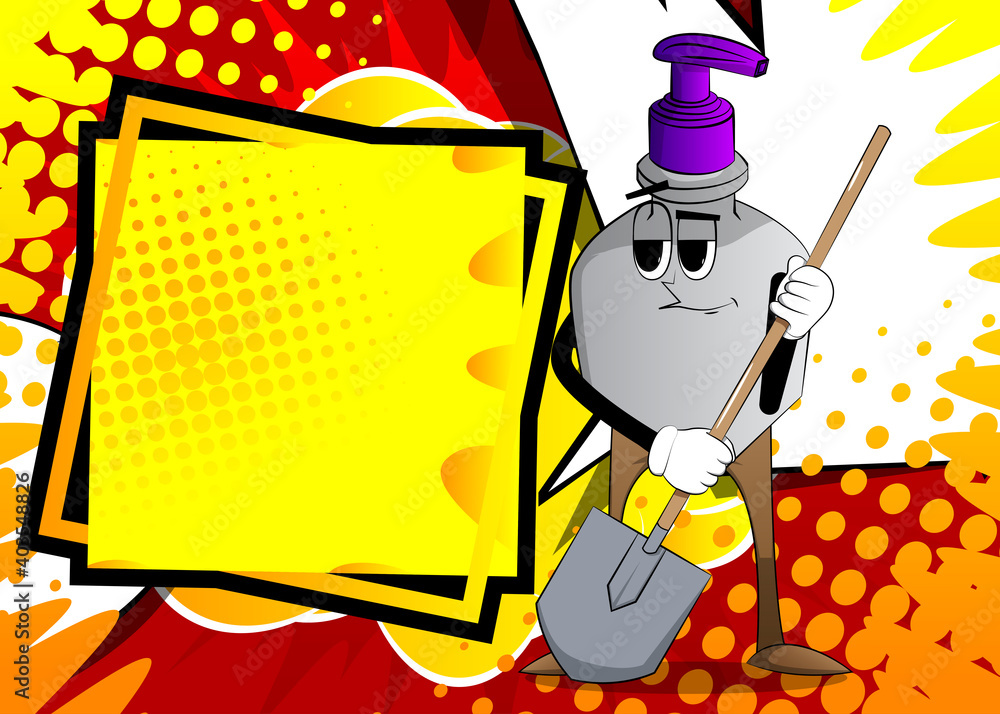 Cartoon bottle of hand sanitizer gel for hygiene with face holding a ...