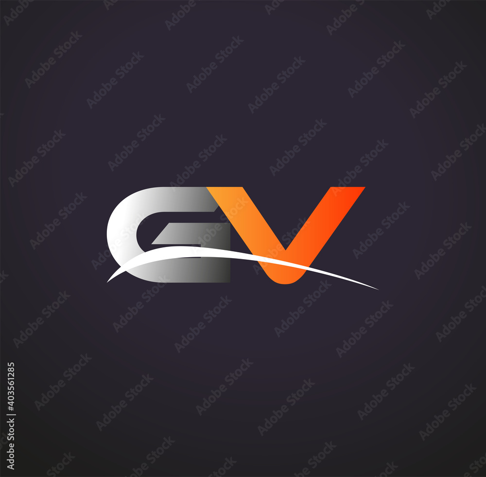 initial letter GV logotype company name colored grey and orange swoosh ...