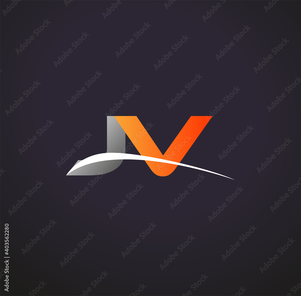 initial letter JV logotype company name colored grey and orange swoosh ...