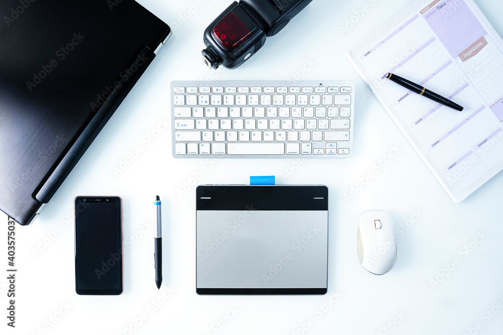 Work table that shows the basic tools of the profession of a ...