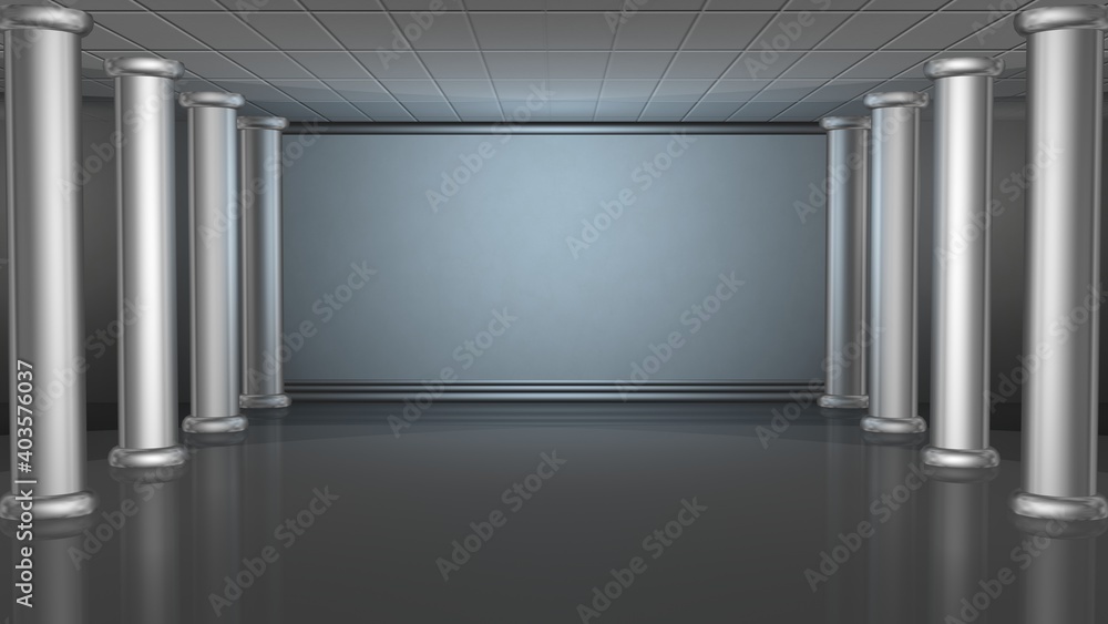 Virtual studio set with shiny reflective steel columns and floor. 3d ...