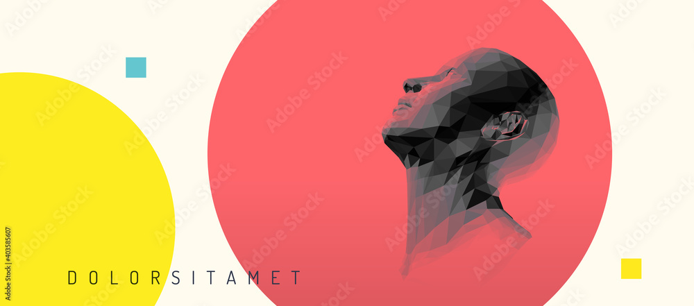 Man looking up. Abstract digital human head. Face side view ...