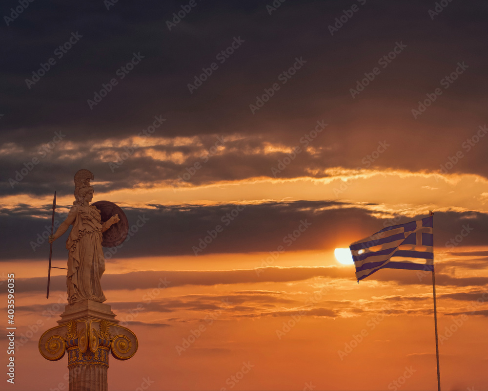 Foto de Athena statue the ancient goddess of wisdom and Greek flag ...