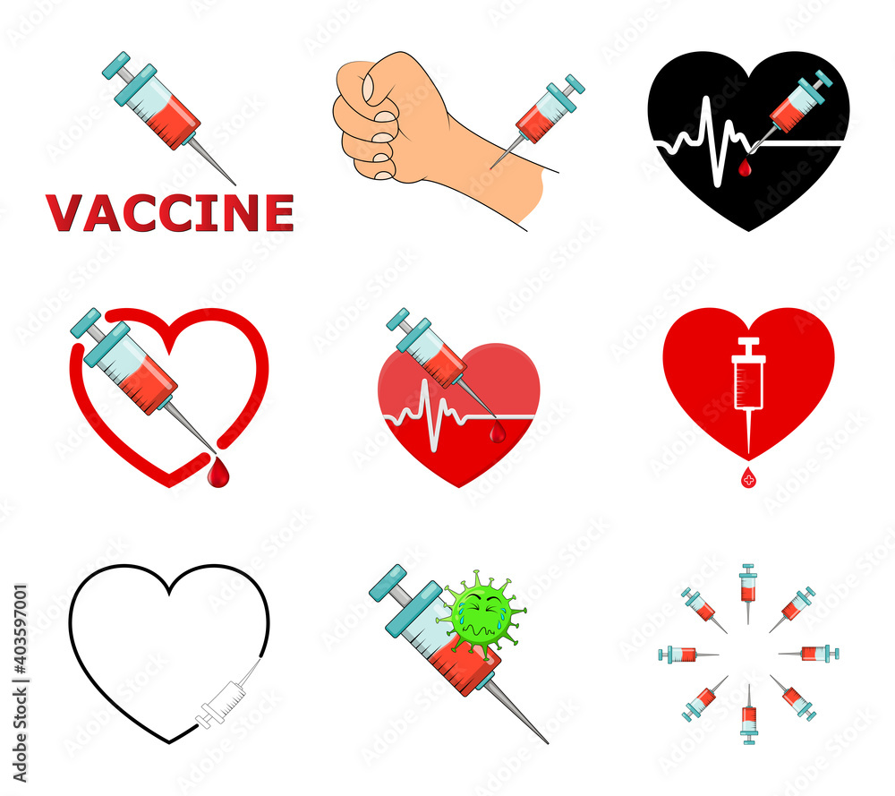Vaccine icon set. Symbols of vaccination against covid 19. Contains ...