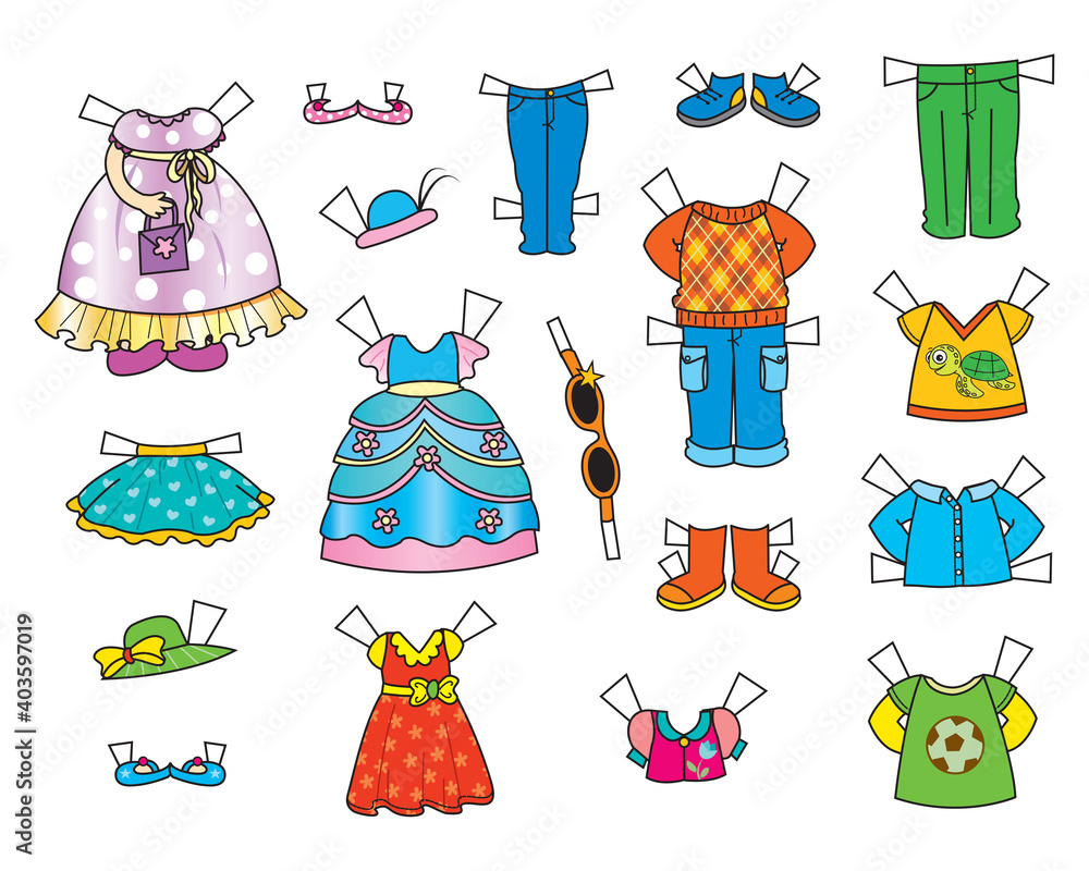 Vector dress up paper doll template set of clothes. Girls and boys ...