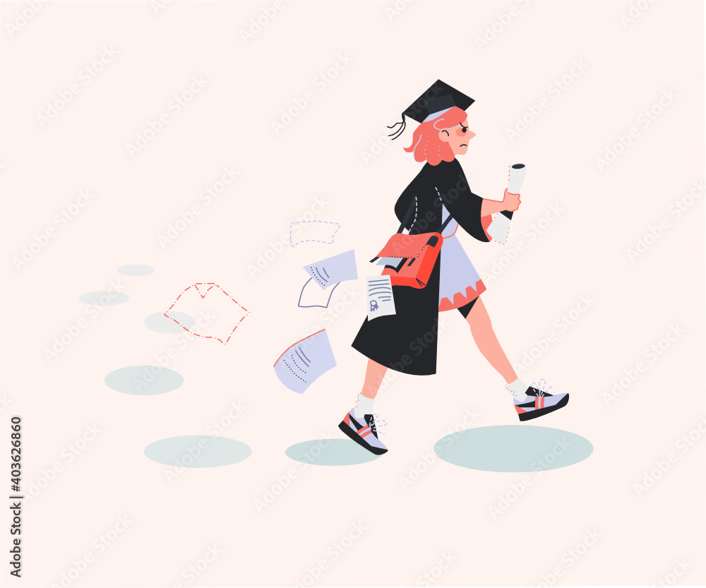 Cute bright illustration of young female college student graduate with ...