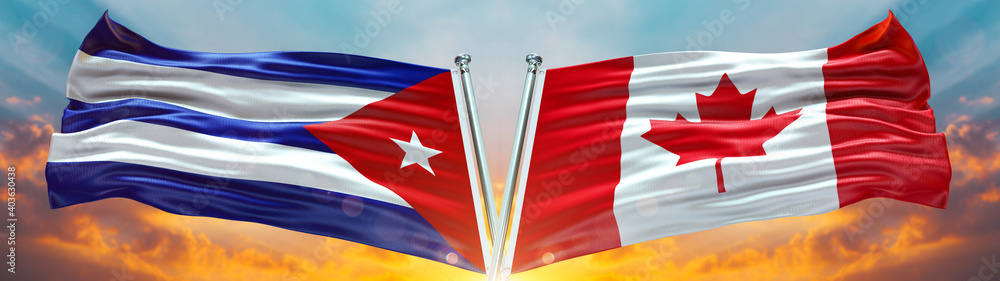 Double Flag Canada vs Cuba flag waving flag with texture sky clouds and ...