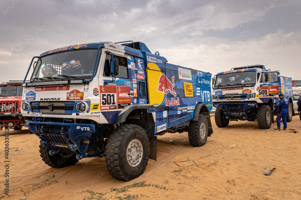 Riyadh, Saudi Arabia - January 7, 2021: The racing trucks of Team KAMAZ ...