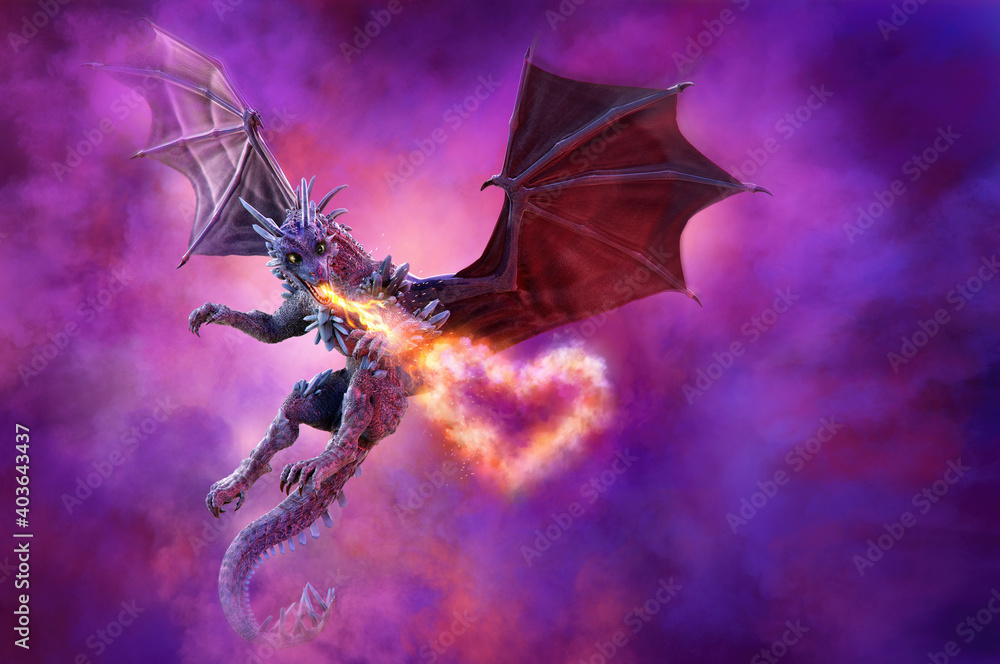 Valentines day romantic background. Cute flying fantasy dragon in love ...