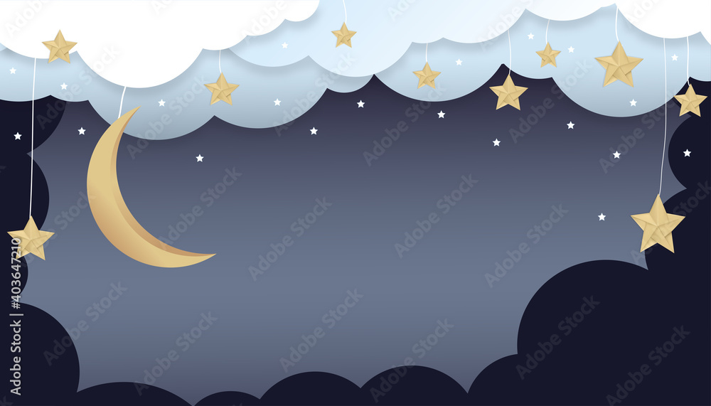 Night sky background, Paper art abstract origami cloudscape, crescent ...