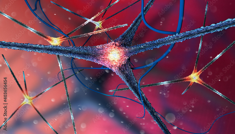 Microscopic view of the synapses. Brain connections. Neurons and ...