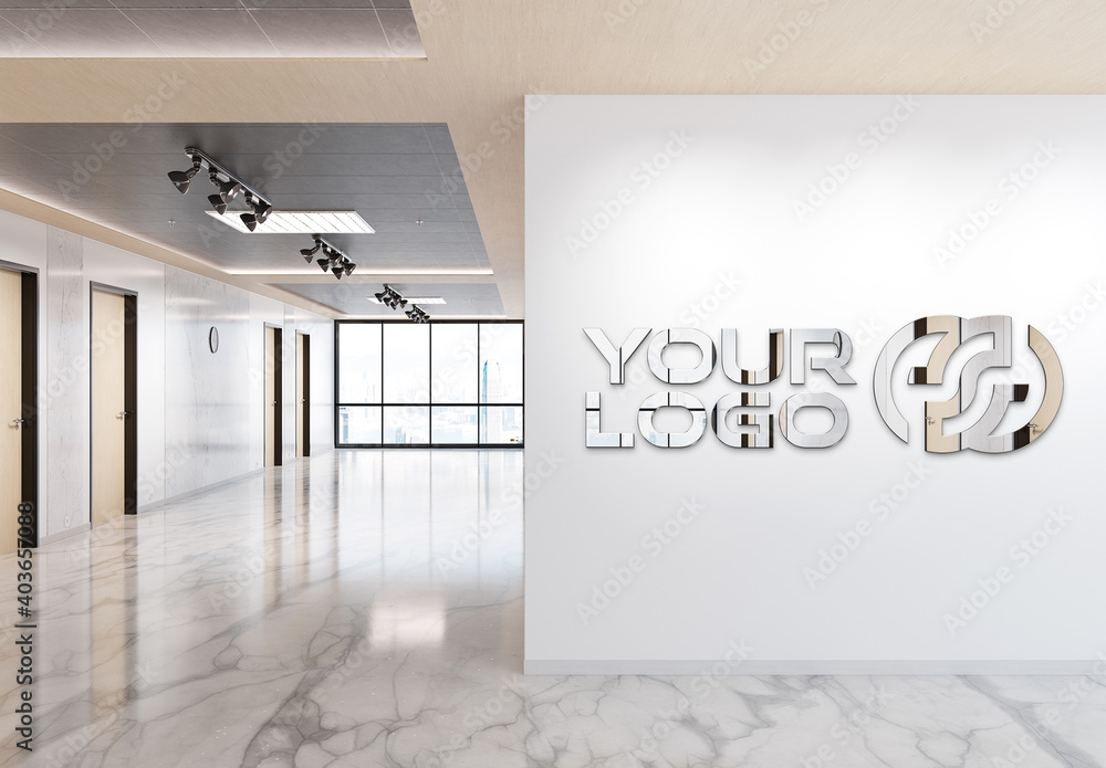 Metal 3D Logo on Office Wall Mockup Stock Template | Adobe Stock