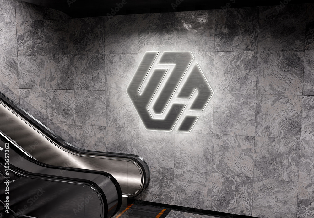 Glowing 3D Neon Sign Logo on Subway Station Wall Mockup Stock Template ...
