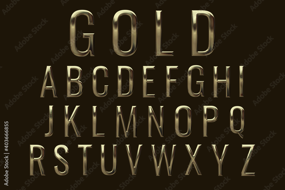 Alphabet letter set with metallic gold texture, 3D rendering, glossy ...