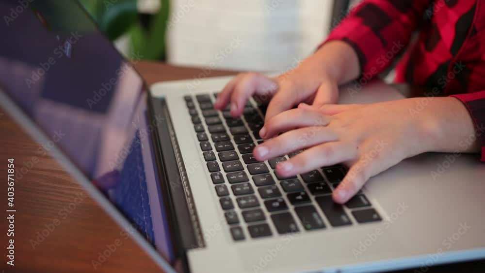 Hands of student, young manager pressing keys laptop keypad. Child's ...