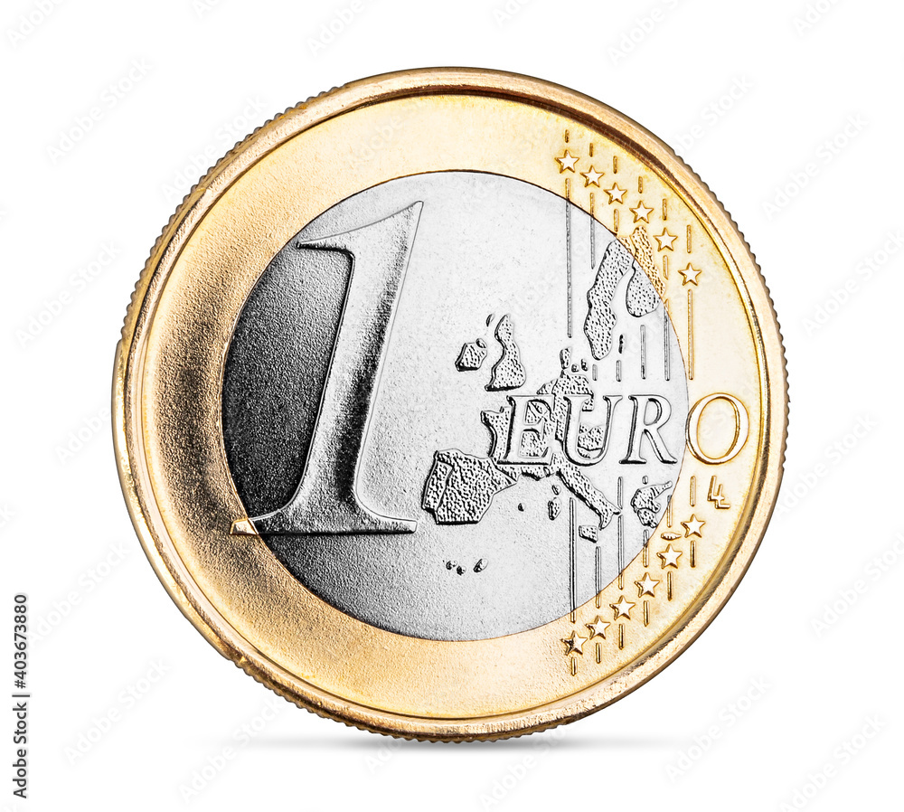 perfect new silver golden one euro coin from europe isolated white ...