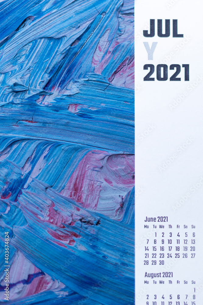 July 2021 calendar. July monthly calendar on blue background Stock ...