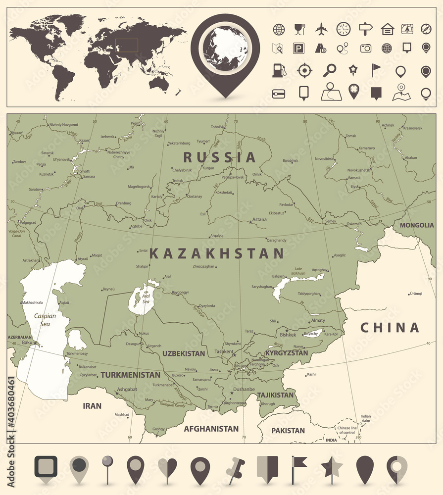 Central Asia Political Map and World Map with navigation icons Stock ...