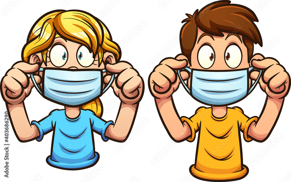 Cartoon kids putting on face masks. Vector clip art illustration with ...